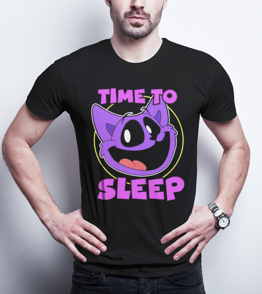 Time To Sleep Purple Cat Cartoon Face T-Shirt