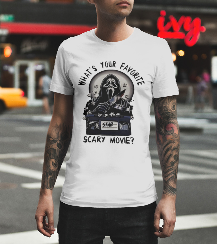 What's Your Favorite Scary Movie Ghostface Stab VHS Popcorn T-Shirt