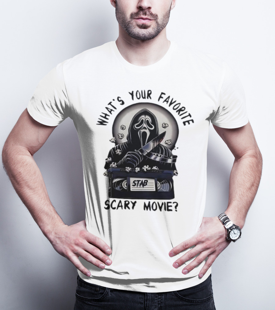 What's Your Favorite Scary Movie Ghostface Stab VHS Popcorn T-Shirt
