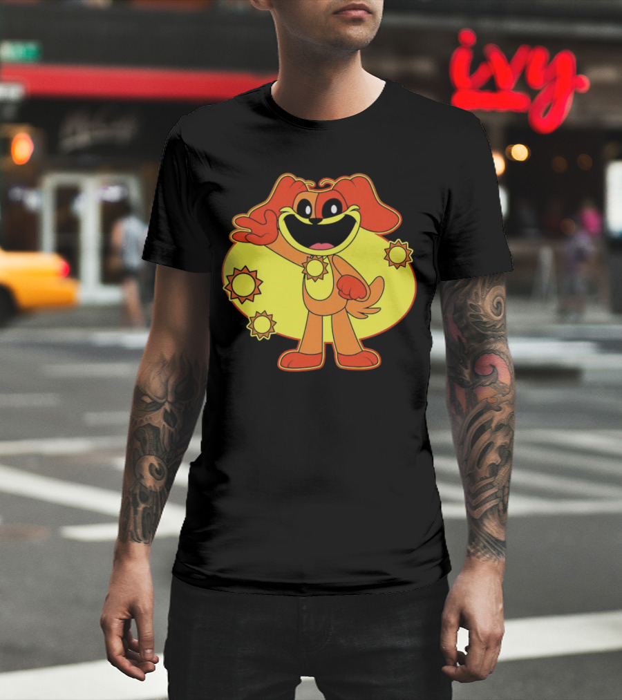 Dogday Smiling Critters Cheerful Cartoon Dog With Sun Icons T-Shirt