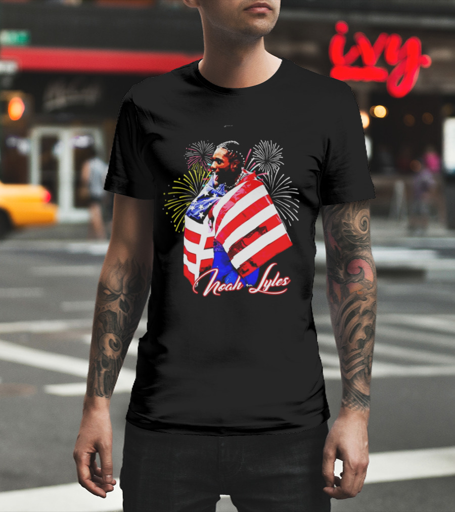 Noah Lyles With American Flag Fireworks T-Shirt