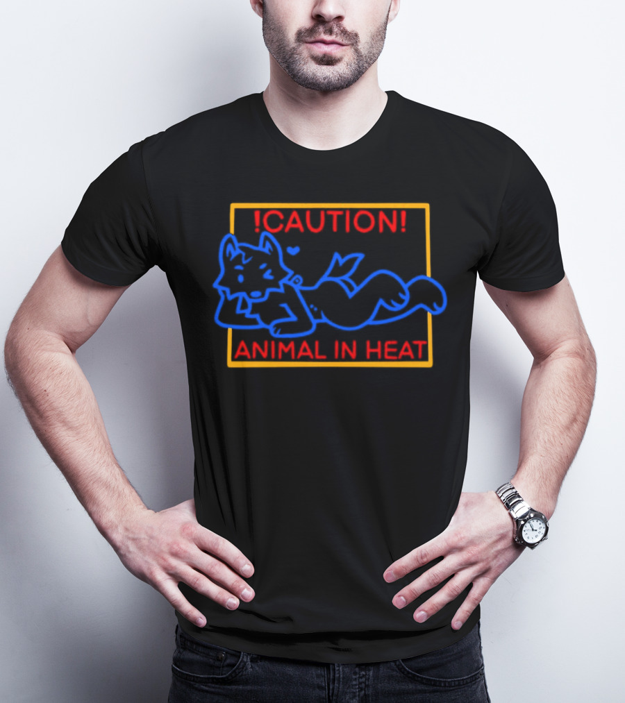 Caution Animal In Heat Neon Sign Playful Fox Character T-Shirt