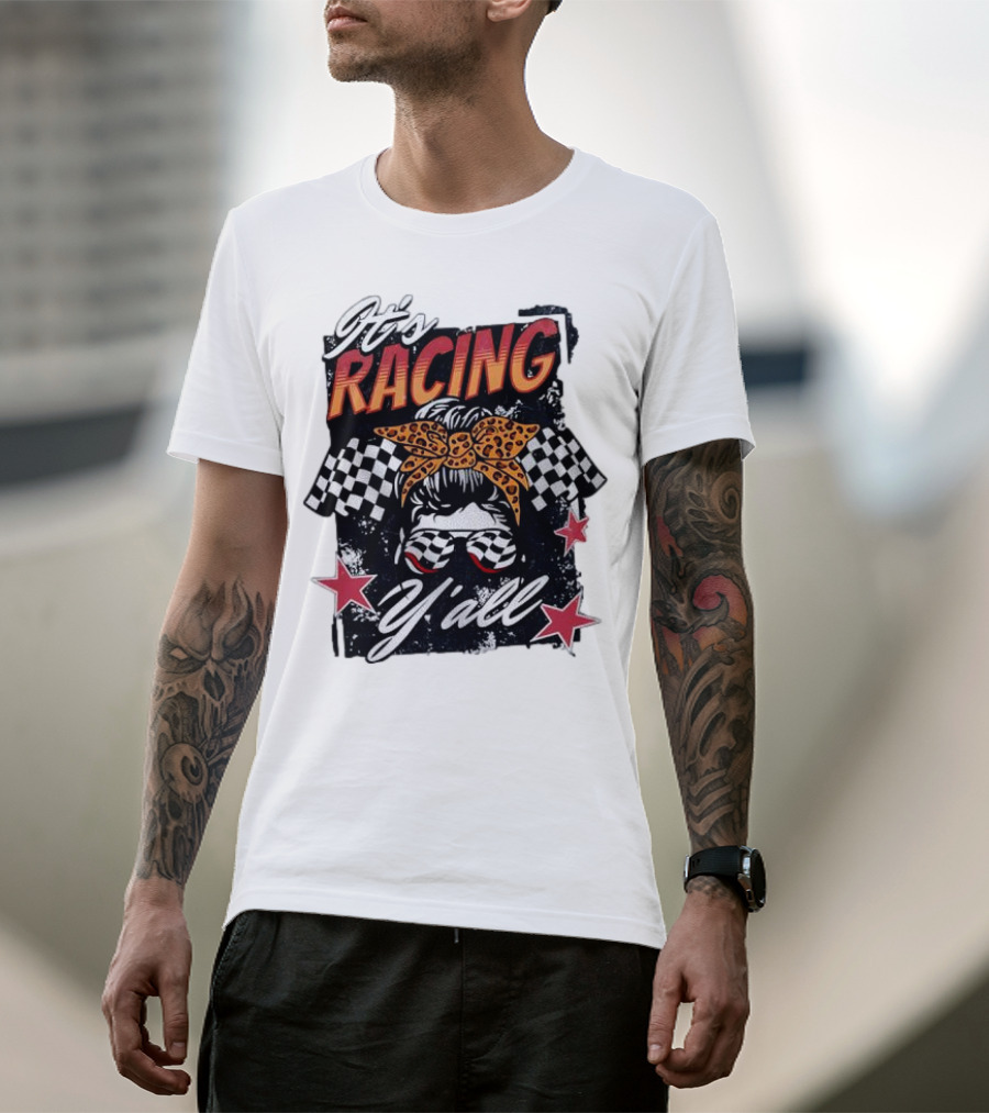 It's Racing Y'all Racing Girl Checkered Flag Leopard Print Bow T-Shirt