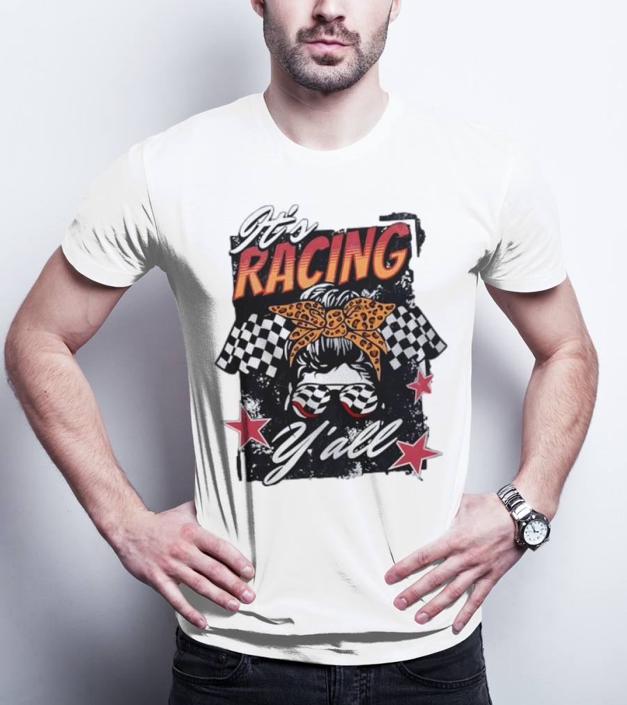 It's Racing Y'all Racing Girl Checkered Flag Leopard Print Bow T-Shirt