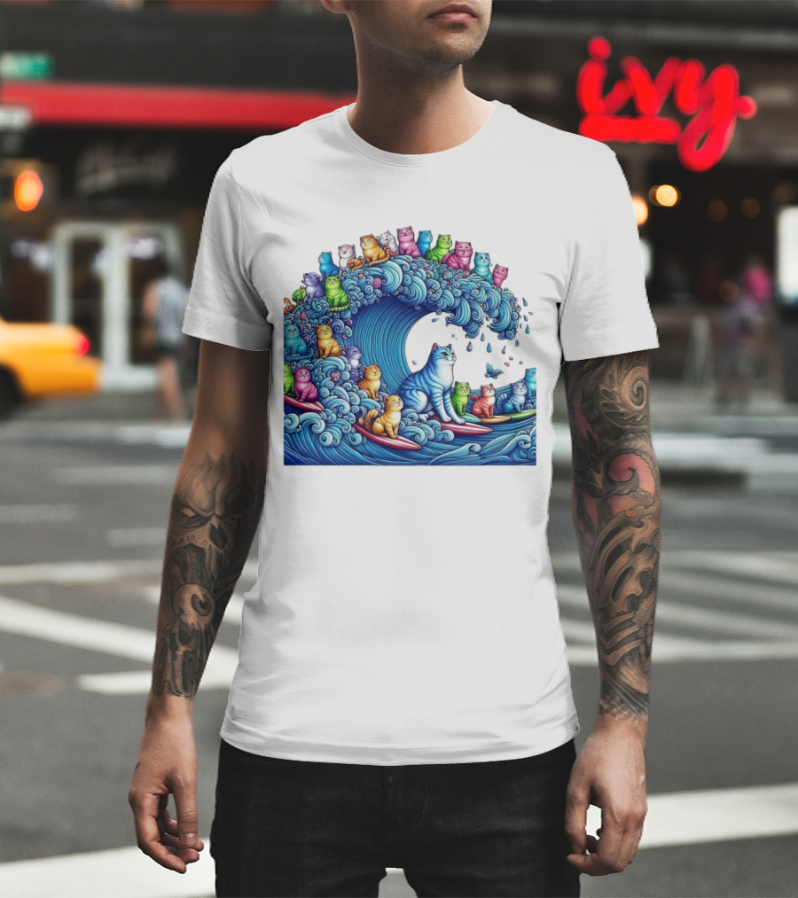 Cats Surfing In A Colorful Wave Bringing Joy T-Shirt