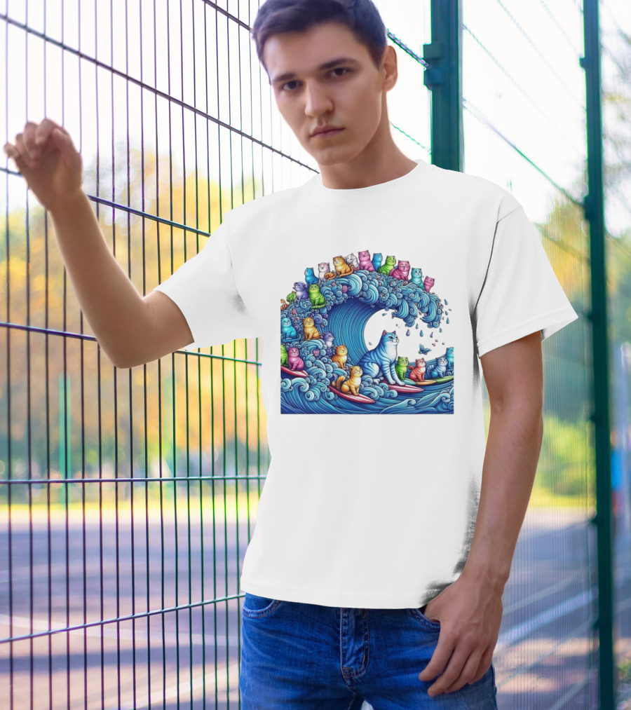 Cats Surfing In A Colorful Wave Bringing Joy T-Shirt
