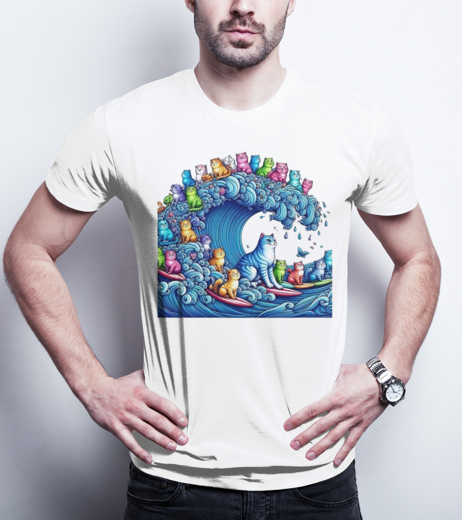 Cats Surfing In A Colorful Wave Bringing Joy T-Shirt