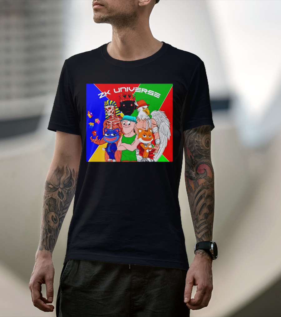 ZK Universe Colorful Characters With Pharaoh Skeleton, Crowned Figure, And Winged Eagle T-Shirt
