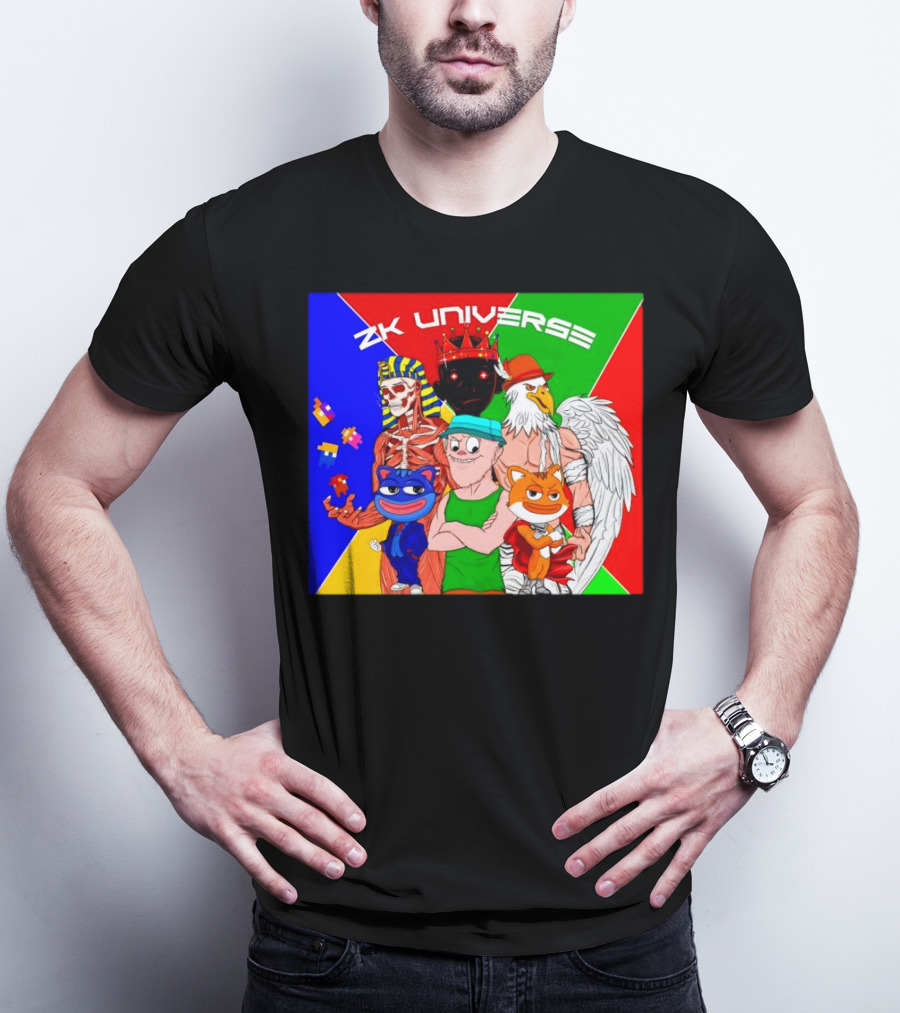 ZK Universe Colorful Characters With Pharaoh Skeleton, Crowned Figure, And Winged Eagle T-Shirt