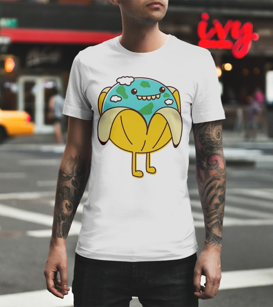 The World Has Gone Bananas Earth In A Peel With Clouds And Smiley Face T-Shirt