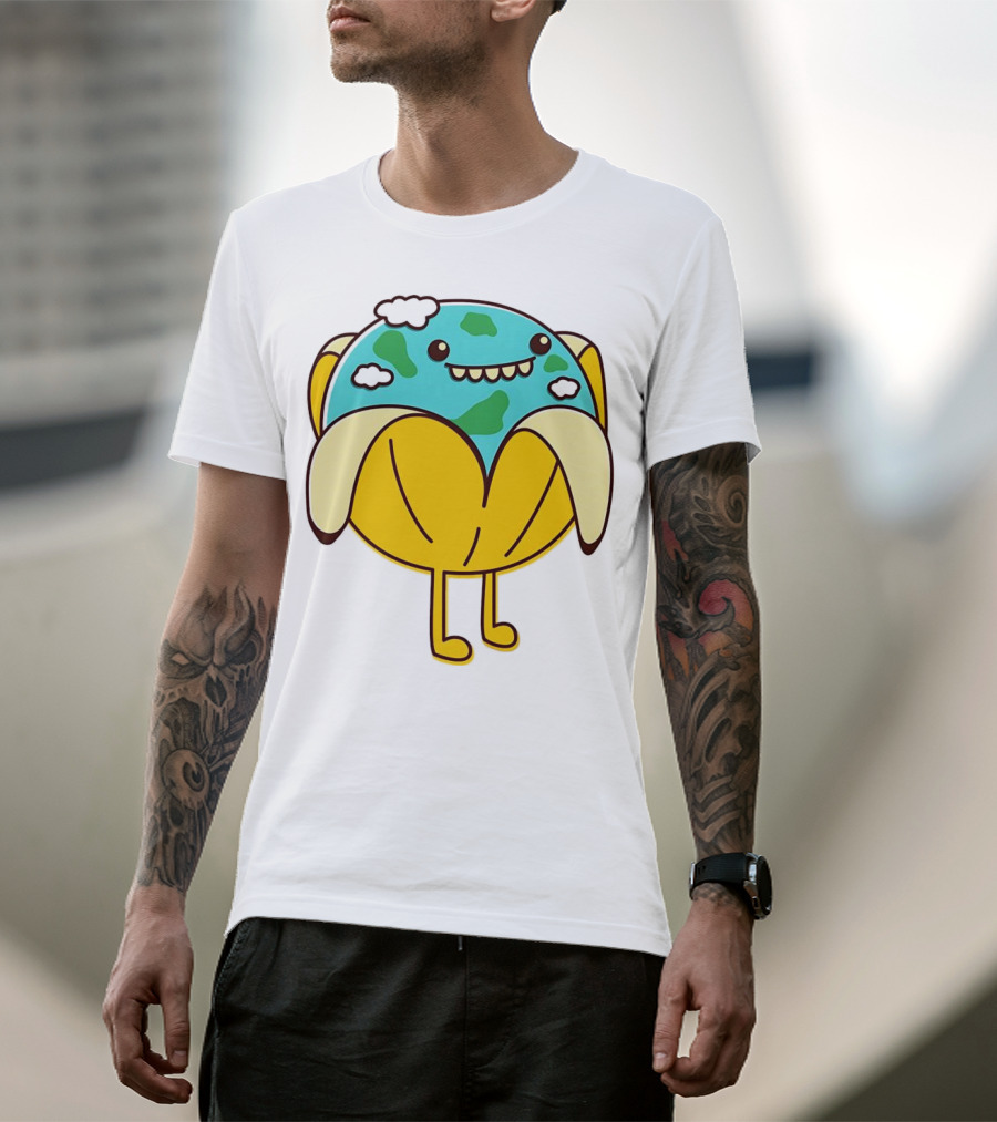 The World Has Gone Bananas Earth In A Peel With Clouds And Smiley Face T-Shirt