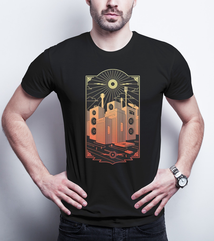 Sound City Amplifier Cityscape With Musical Instruments And Sunburst T-Shirt
