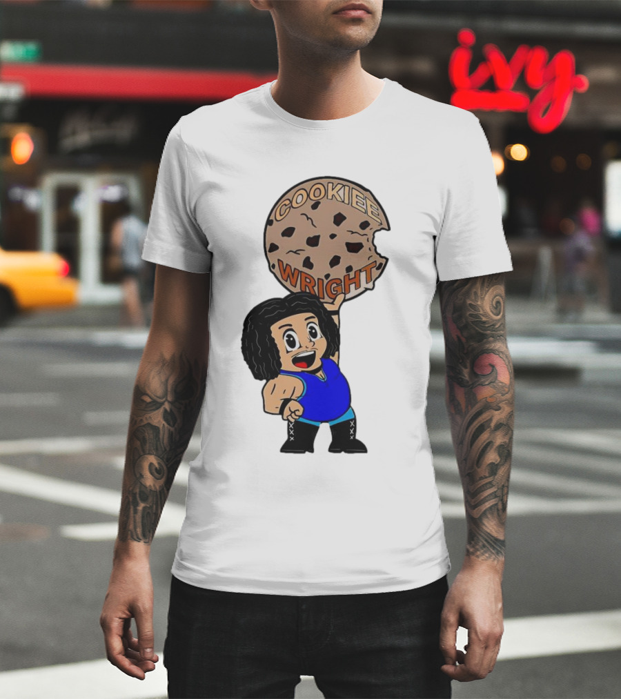 COOKIEE WRIGHT Cartoon Character Holding Chocolate Chip Cookie T-Shirt