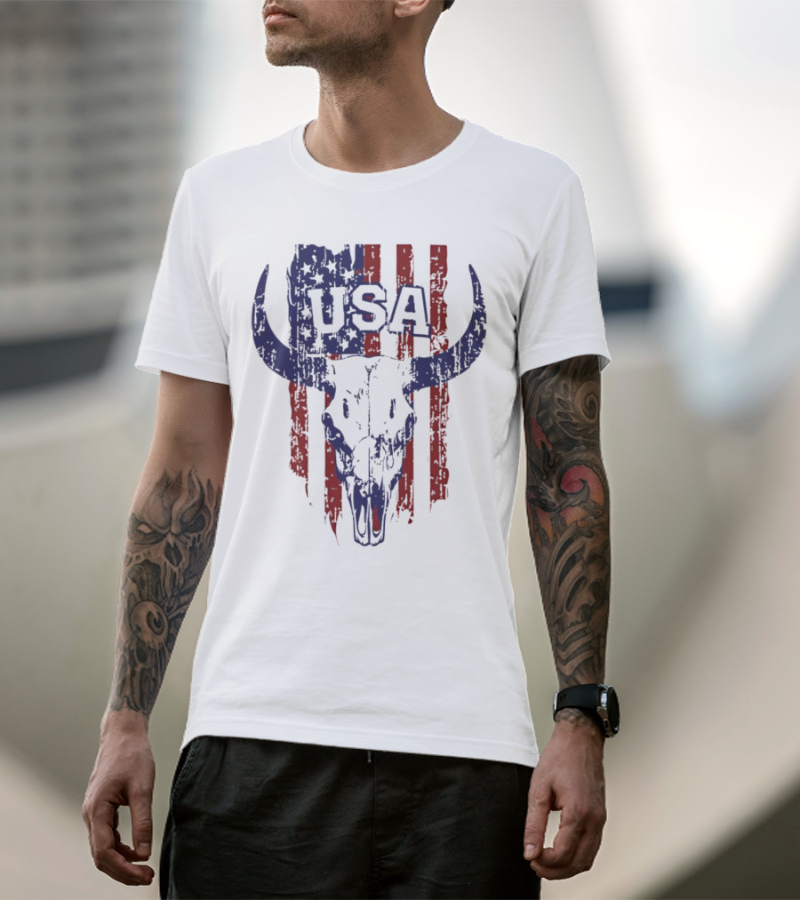 USA Buffalo Skull American Flag Patriotic T-Shirt