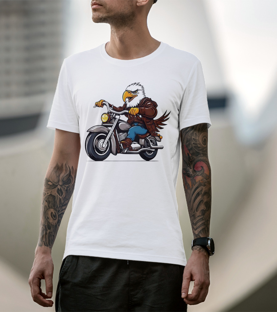 Eagle Riding Motorcycle In Brown Jacket And Blue Jeans T-Shirt