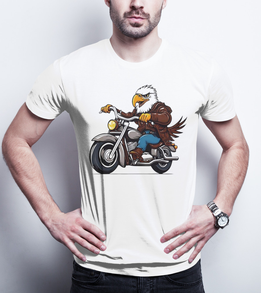 Eagle Riding Motorcycle In Brown Jacket And Blue Jeans T-Shirt
