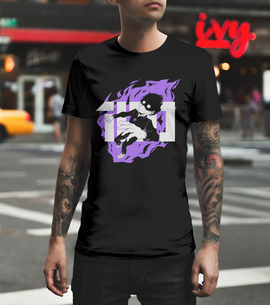 Mob Psycho 100 Psyched Out Character With Purple Aura And Bold Typography T-Shirt