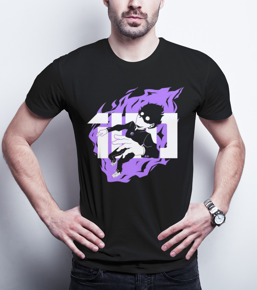 Mob Psycho 100 Psyched Out Character With Purple Aura And Bold Typography T-Shirt