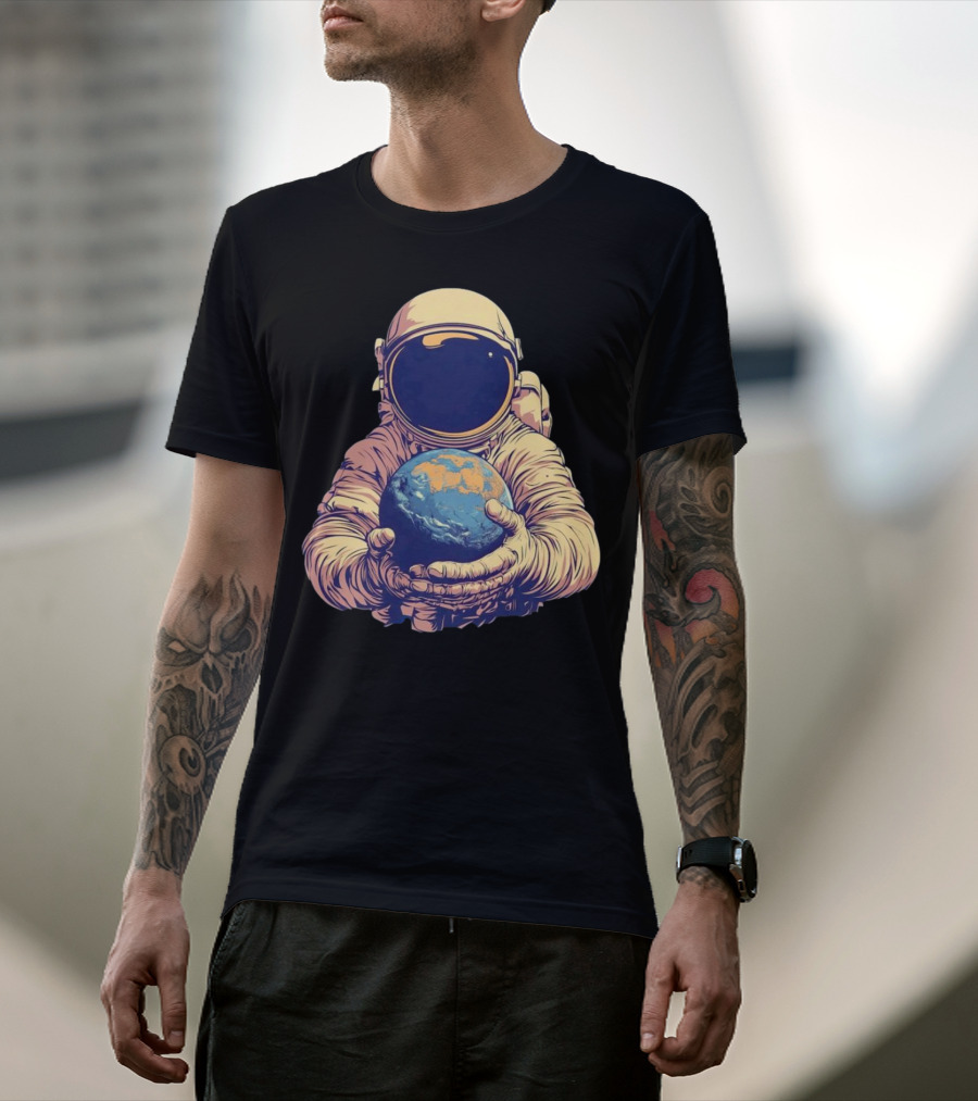 Astronaut Embracing Planet Earth Cosmic Guardians Of Home T-Shirt