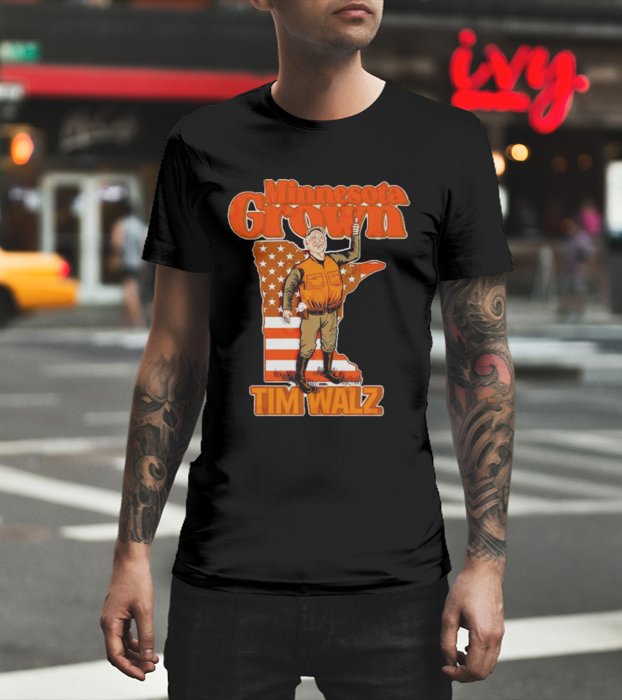 Minnesota Grown Tim Walz Thumbs Up American Flag State Outline T-Shirt