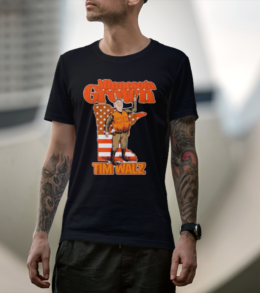 Minnesota Grown Tim Walz Thumbs Up American Flag State Outline T-Shirt