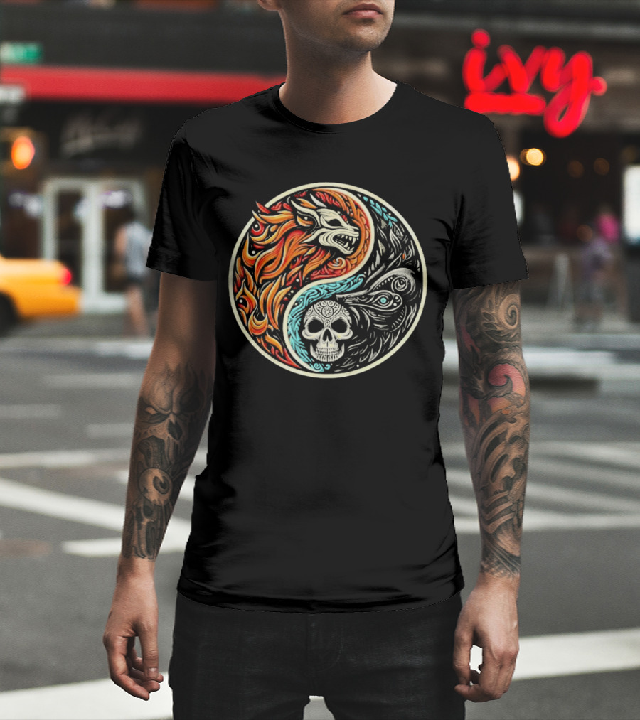 Wolf Warrior Yin Yang Skull Flame Elements T-Shirt