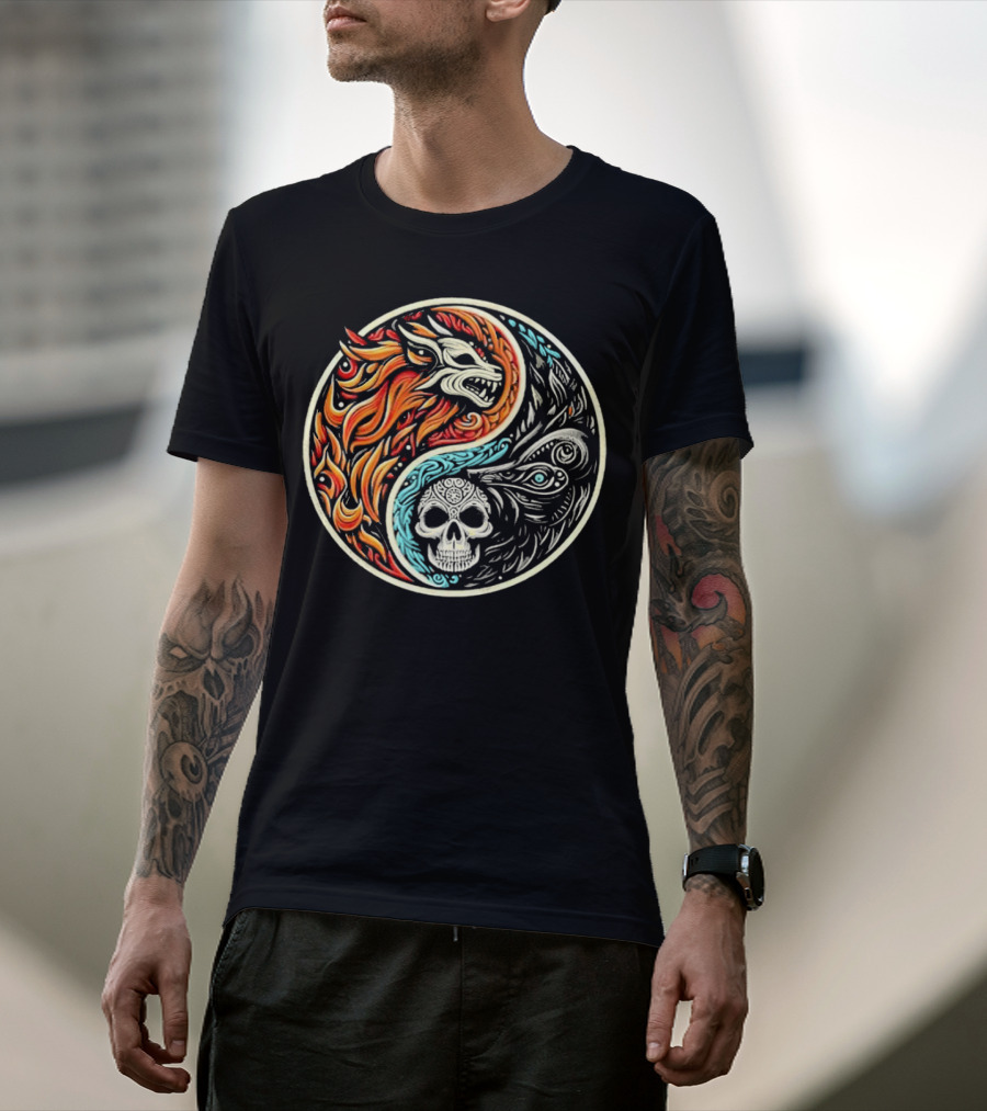 Wolf Warrior Yin Yang Skull Flame Elements T-Shirt