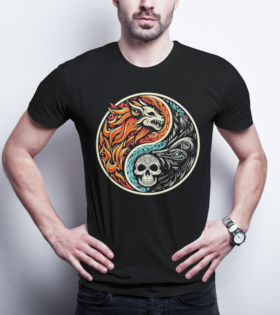Wolf Warrior Yin Yang Skull Flame Elements T-Shirt