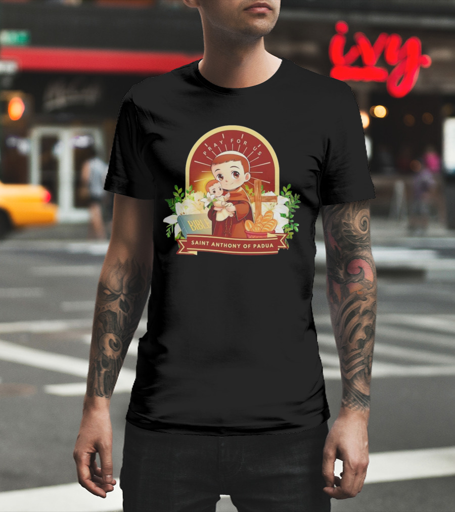 Saint Anthony Of Padua Pray For Us Cartoon With Bible And Bread T-Shirt
