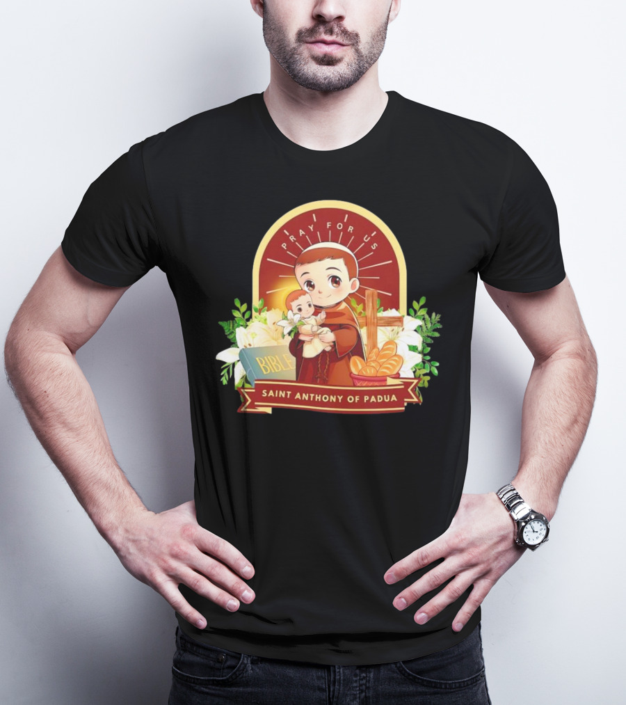 Saint Anthony Of Padua Pray For Us Cartoon With Bible And Bread T-Shirt