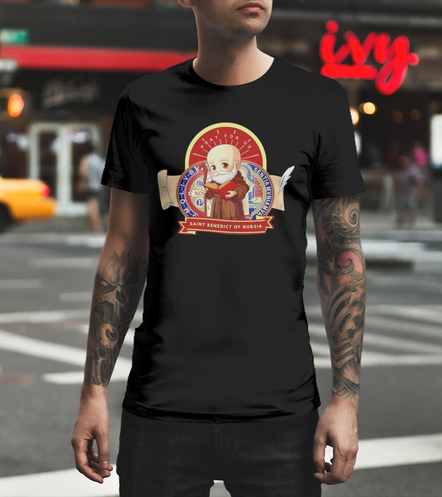 Saint Benedict Of Nursia Pray For Us Cartoon M O L I V B Senitas Munian E I V B Benedict II O S Smqlv X O P S V R S M Q L I V B P A X C S P B T-Shirt