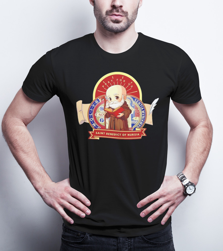 Saint Benedict Of Nursia Pray For Us Cartoon M O L I V B Senitas Munian E I V B Benedict II O S Smqlv X O P S V R S M Q L I V B P A X C S P B T-Shirt