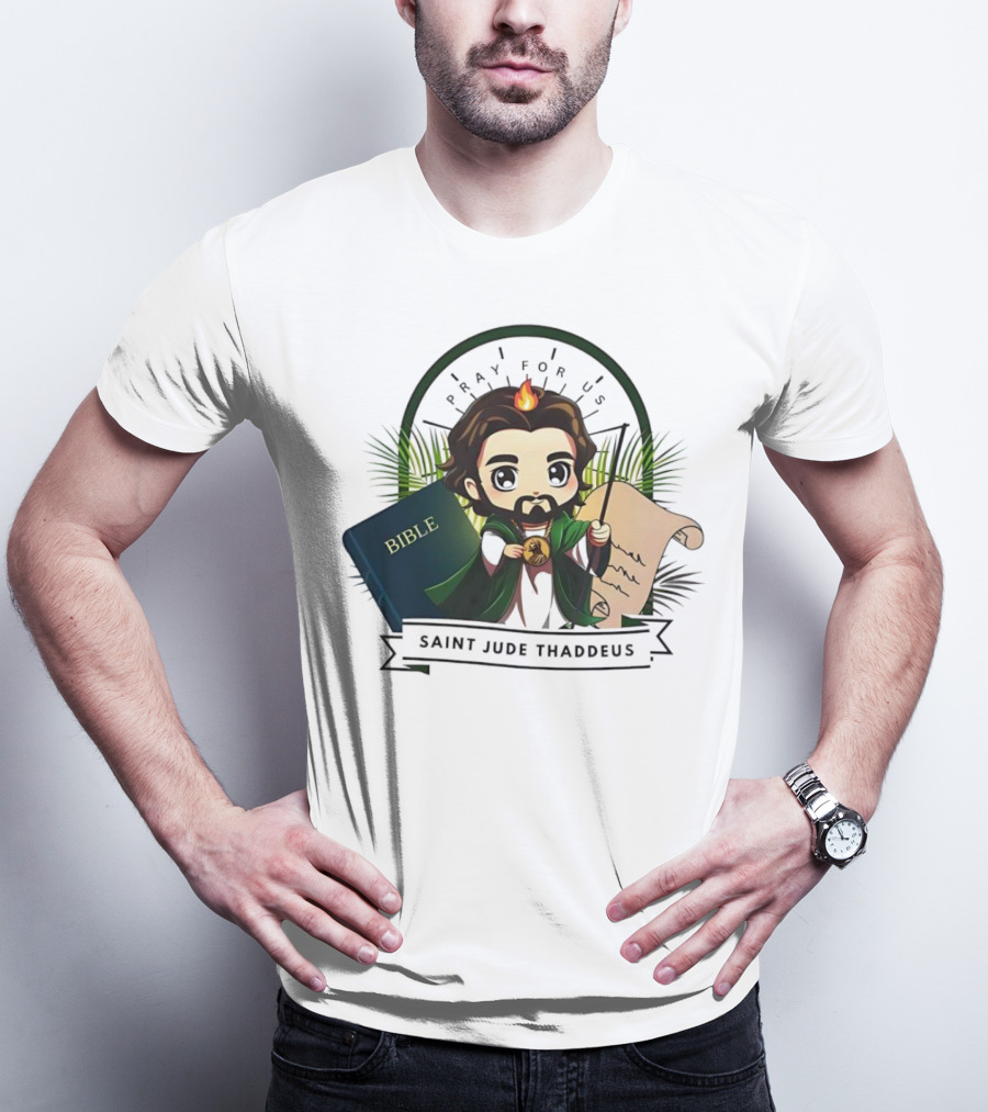 Saint Jude Thaddeus Pray For Us Cartoon Bible Scroll Flame T-Shirt