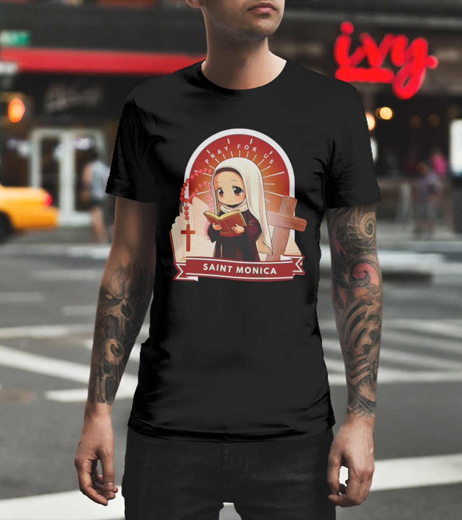 Saint Monica Pray For Us Cartoon Hippo Theme With Book And Cross T-Shirt