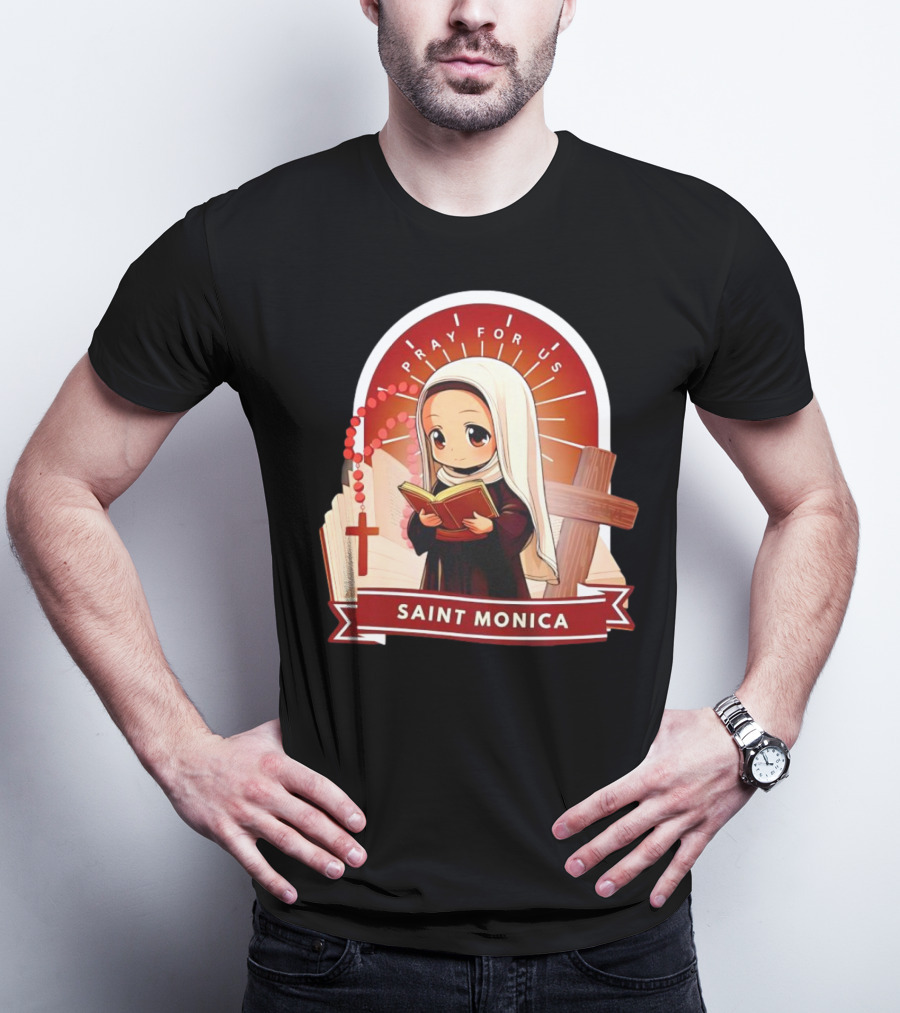 Saint Monica Pray For Us Cartoon Hippo Theme With Book And Cross T-Shirt