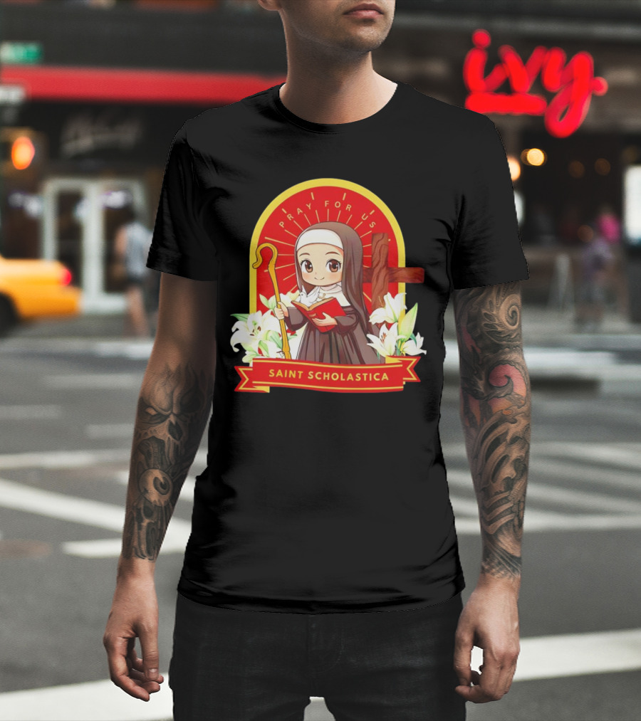 Saint Scholastica Pray For Us Cartoon Cute Nun Illustration With Cross And Flowers T-Shirt