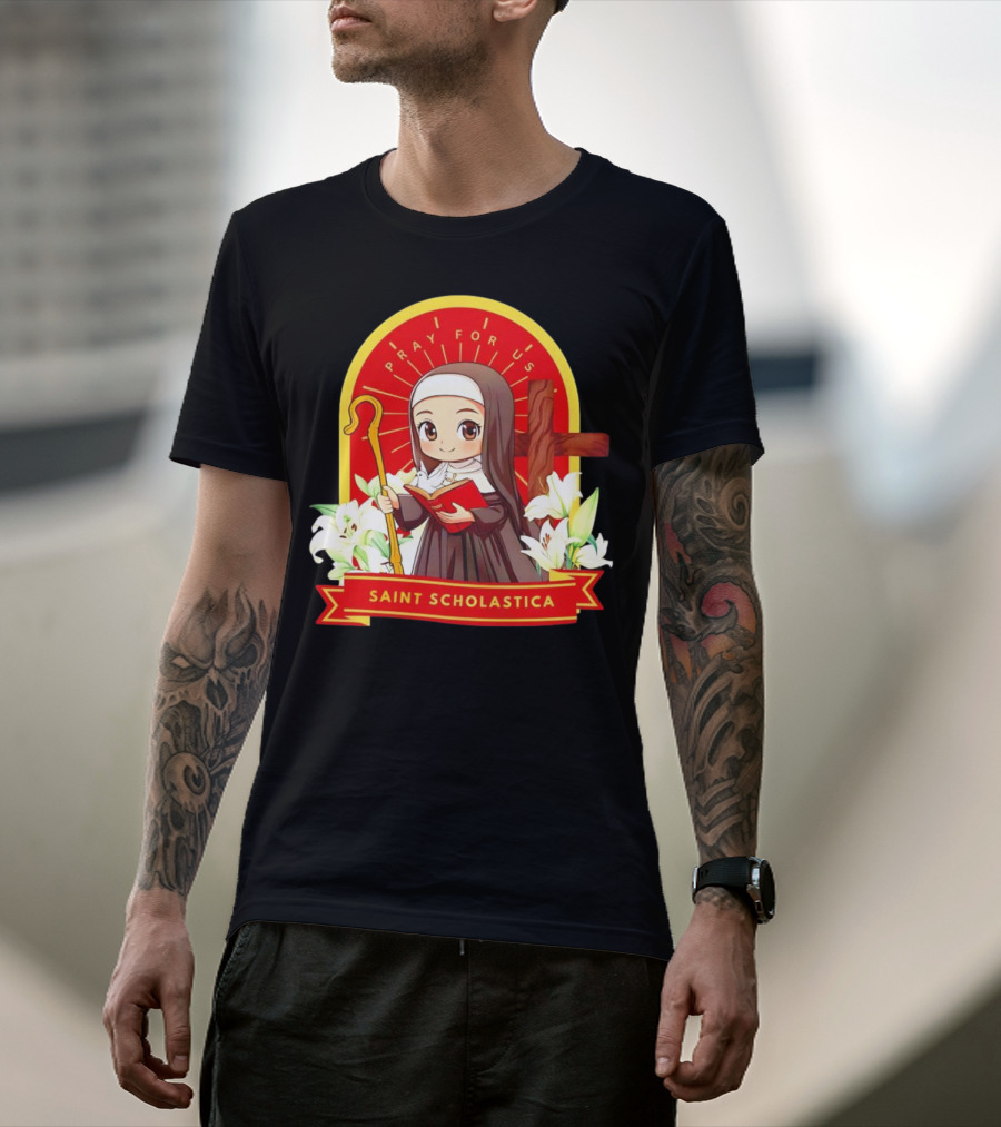 Saint Scholastica Pray For Us Cartoon Cute Nun Illustration With Cross And Flowers T-Shirt