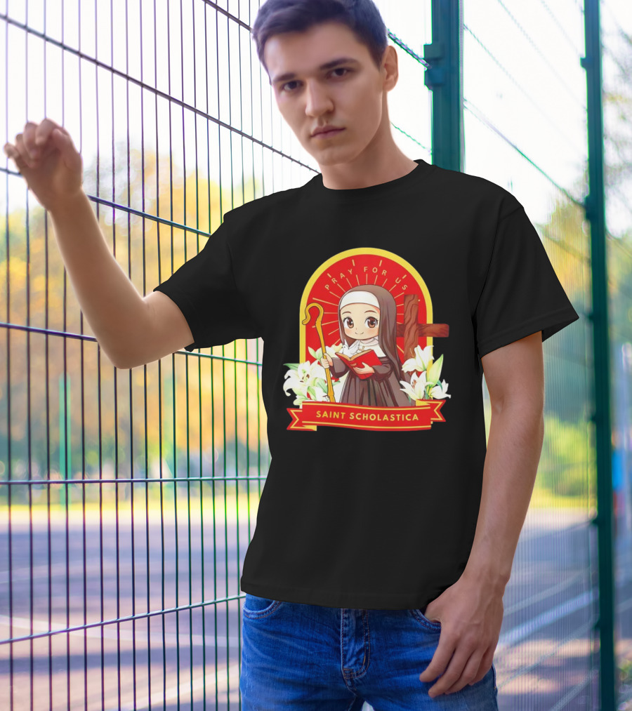 Saint Scholastica Pray For Us Cartoon Cute Nun Illustration With Cross And Flowers T-Shirt