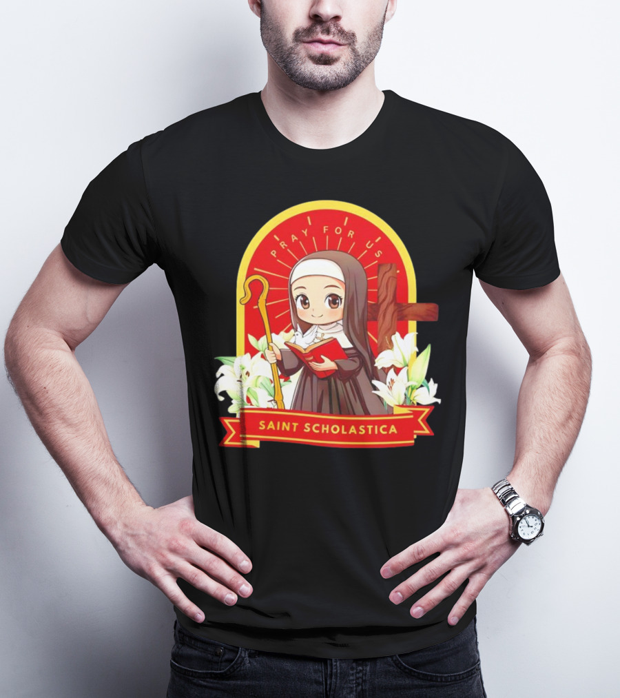 Saint Scholastica Pray For Us Cartoon Cute Nun Illustration With Cross And Flowers T-Shirt