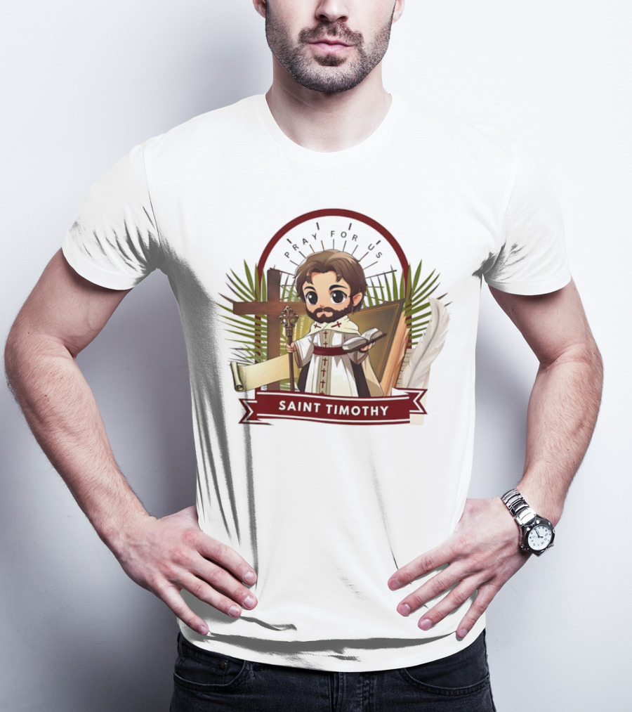 Saint Timothy Pray For Us Cartoon With Cross And Feather Motif T-Shirt