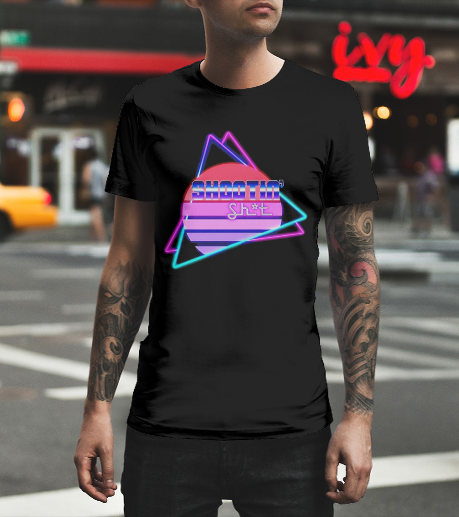 Shootin’ Sh*t Neon Retro 80's Style Triangles And Sunset Stripes T-Shirt