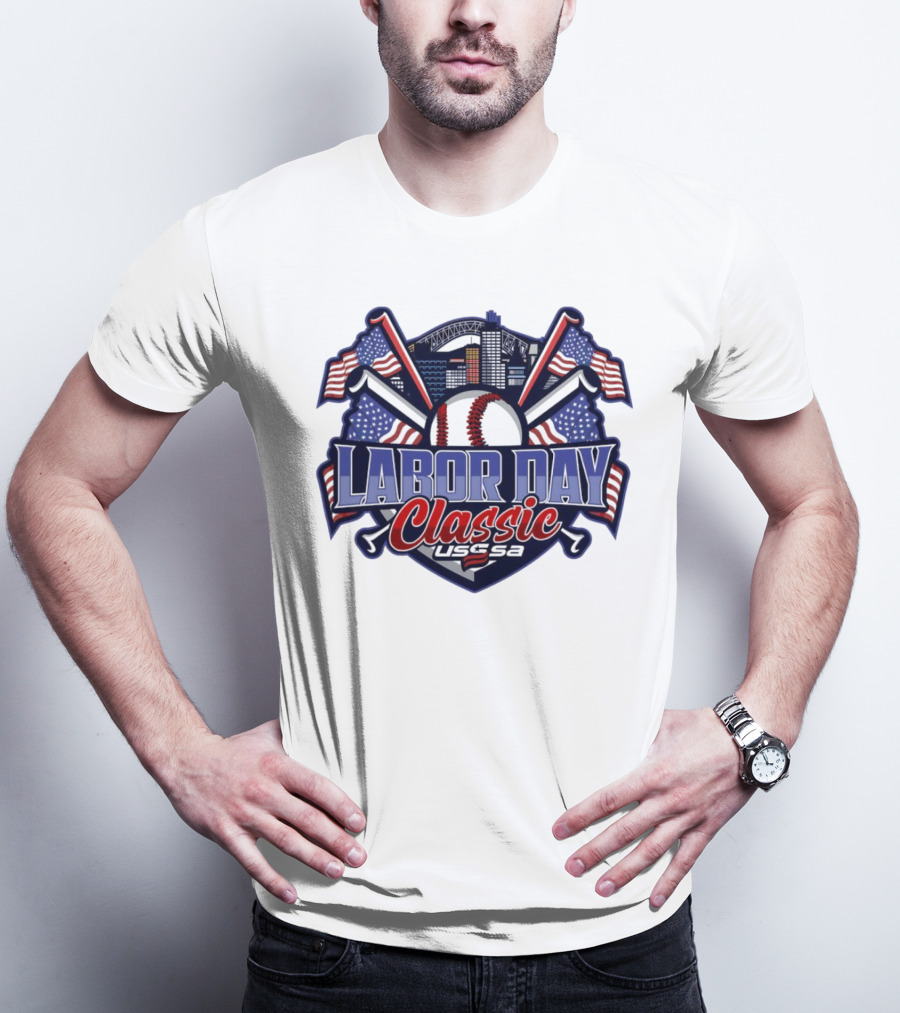 Labor Day Classic USSSA Baseball Crossed Bats And American Flag Themed Shield Logo T-Shirt