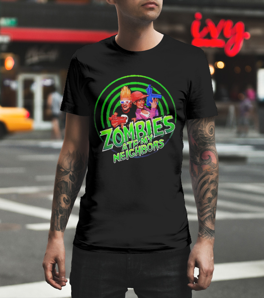 Zombies Ate My Neighbors Zombie Hunters Game Retro Style 90s Arcade Action Kids With Toy Blasters T-Shirt