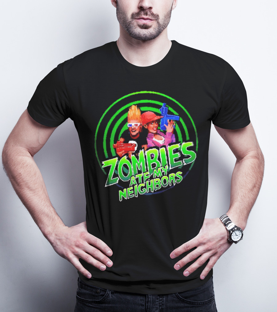 Zombies Ate My Neighbors Zombie Hunters Game Retro Style 90s Arcade Action Kids With Toy Blasters T-Shirt