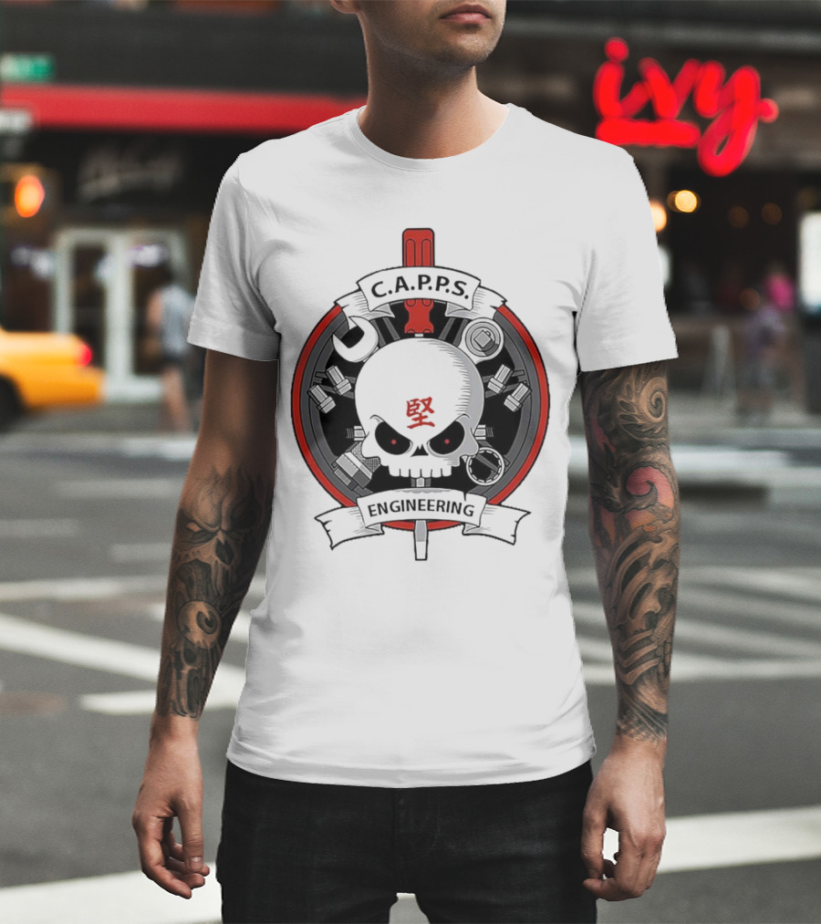 C.A.P.P.S. Engineering Skull With Tools And Red T-Shirt
