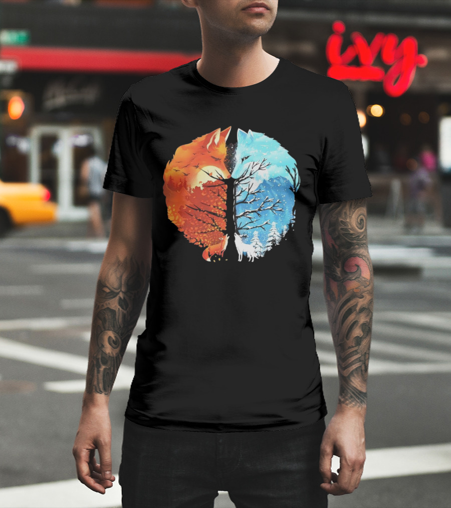 Fire And Ice Fox Dual Seasons Tree T-Shirt