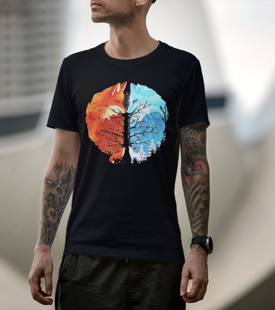Fire And Ice Fox Dual Seasons Tree T-Shirt