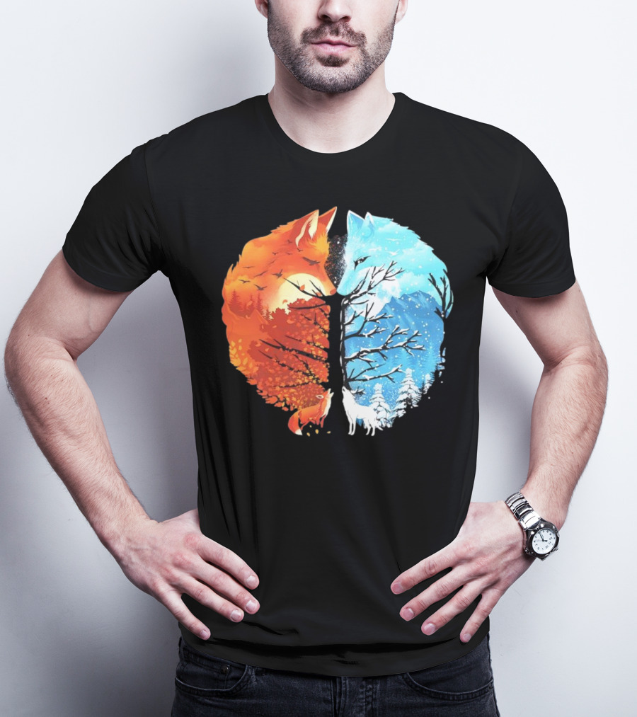 Fire And Ice Fox Dual Seasons Tree T-Shirt