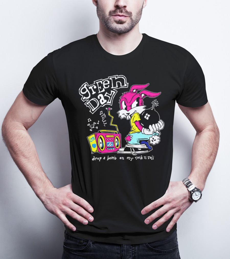 Green Day Drop A Bomb On My Rock ‘N’ Roll Pink Rabbit And Boombox T-Shirt