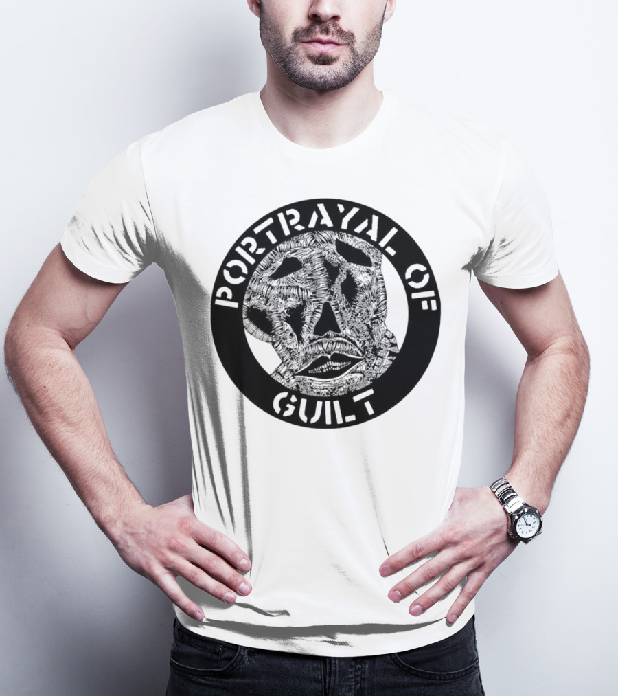 PORTRAYAL OF GUILT Circle Logo With Abstract Face T-Shirt